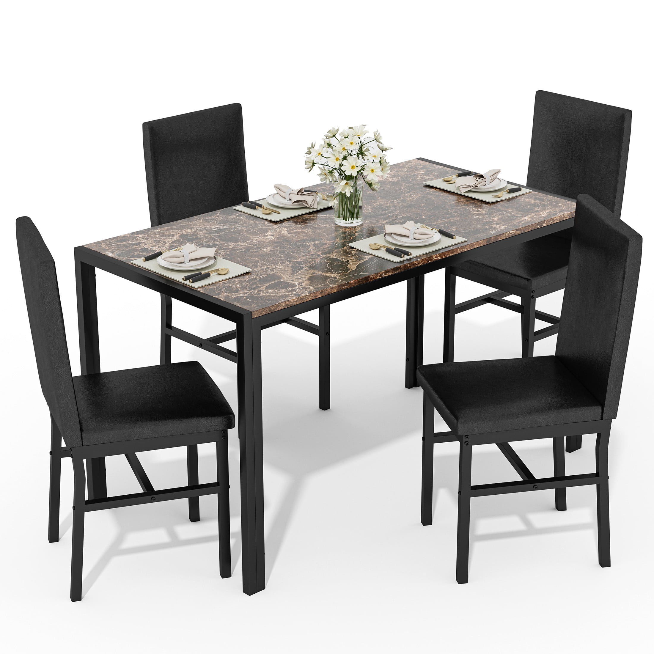 PAPROOS 5-Piece Dining Table Set for 4, Faux Marble Top, Leather Chairs ...