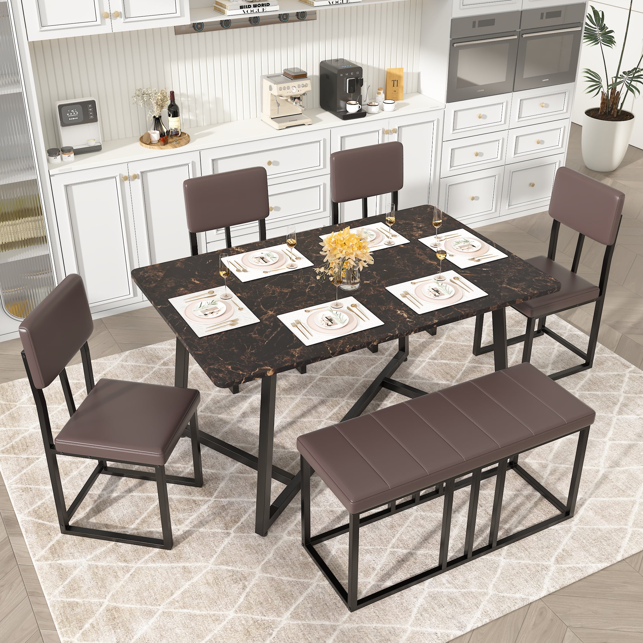 PAPROOS 4-Piece Dining Table Set, Faux Marble Top, Leather Chairs, for ...