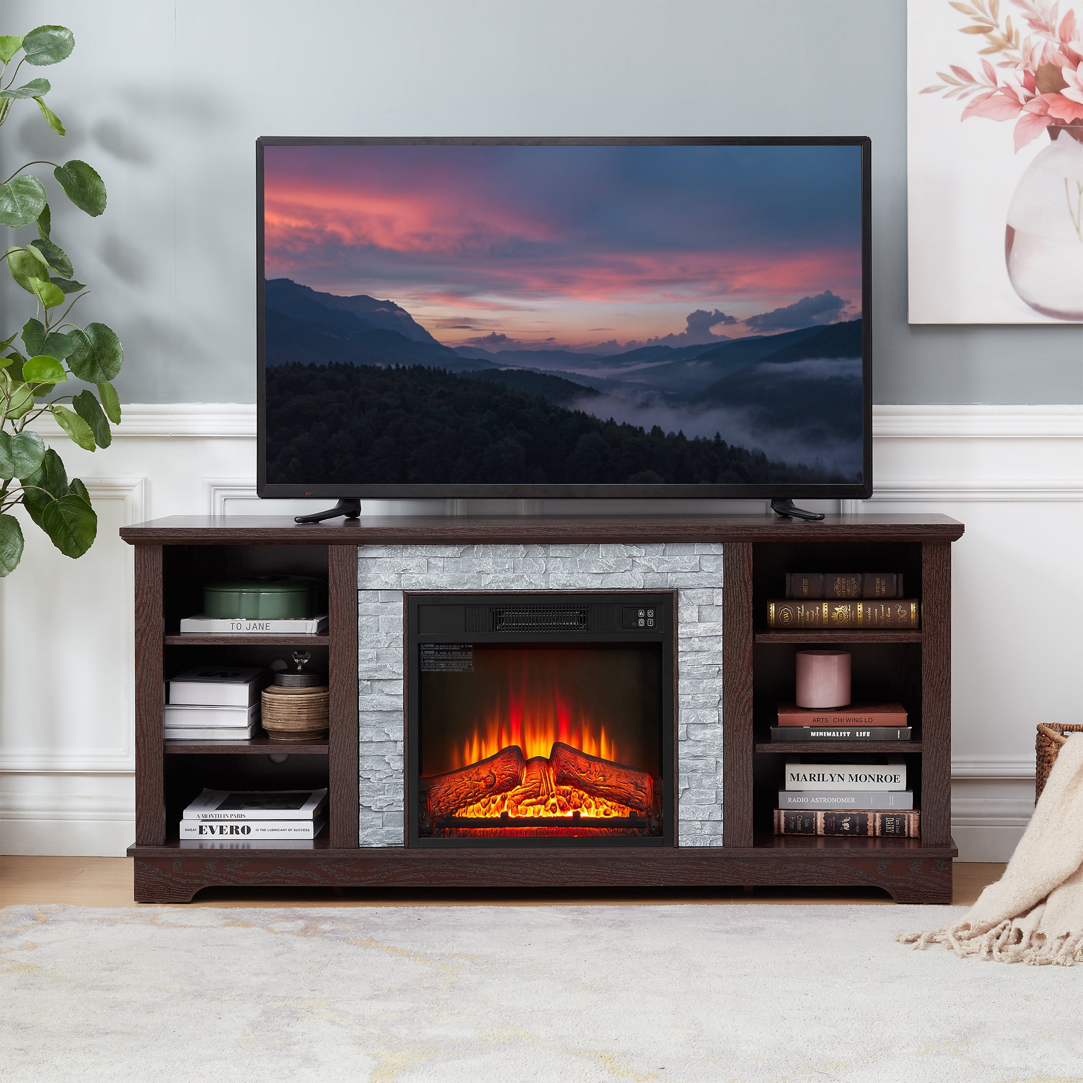 PAPROOS Fireplace TV Stand for 65-inch TV, Wooden TV Console ...