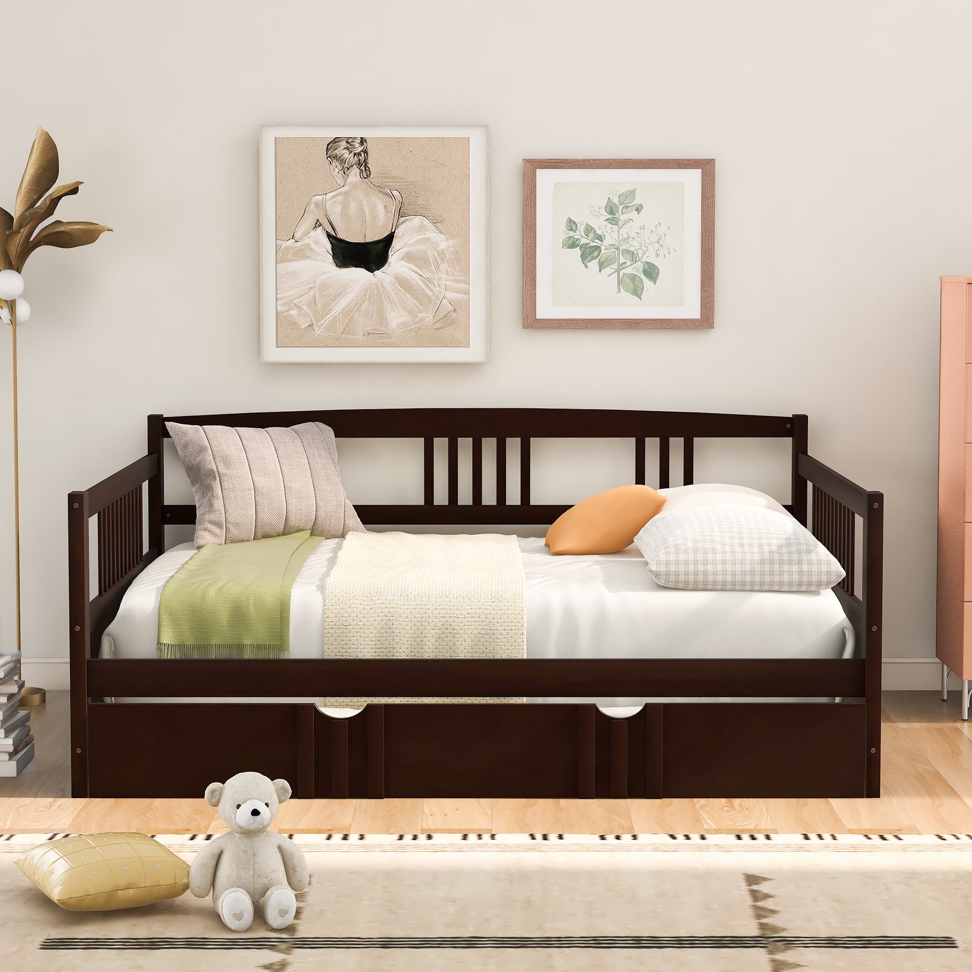 PAPROOS Full Size Daybed with Trundle, Solid Wood, No Box Spring Needed ...