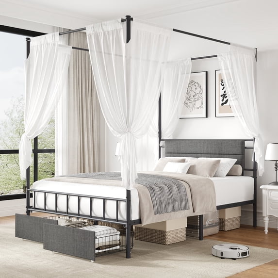PAPROOS Full Size Canopy Bed Frame, Upholstered Bed Frame with Metal ...