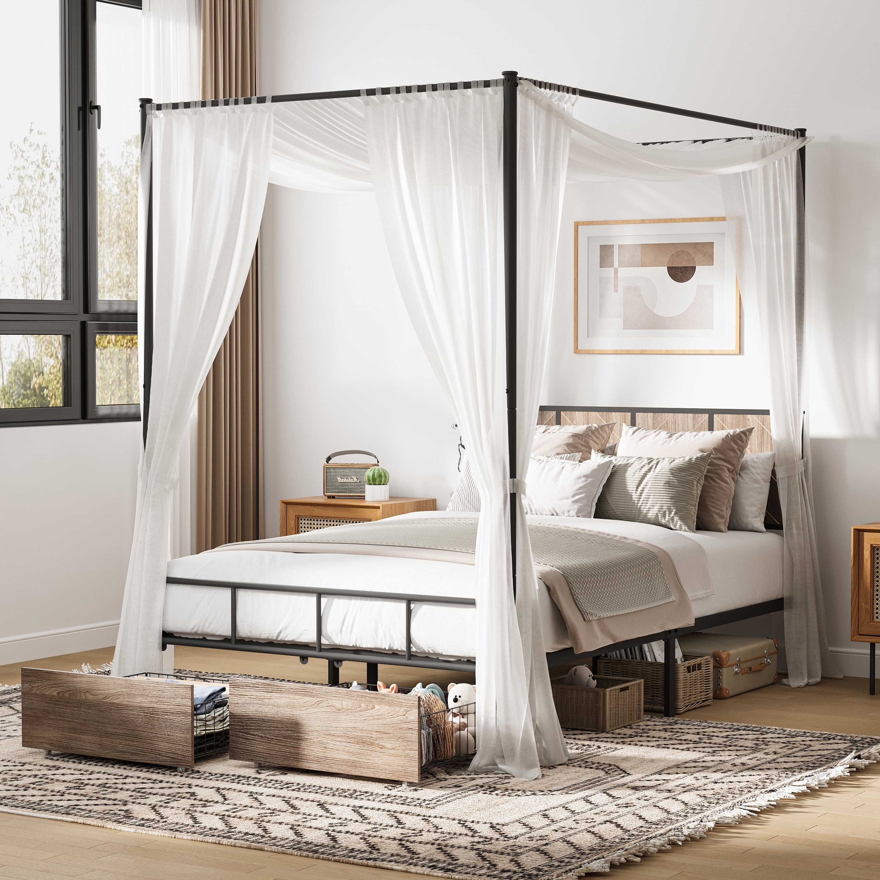 PAPROOS Full Size Canopy Bed Frame, Metal Bed Frame with Wooden ...