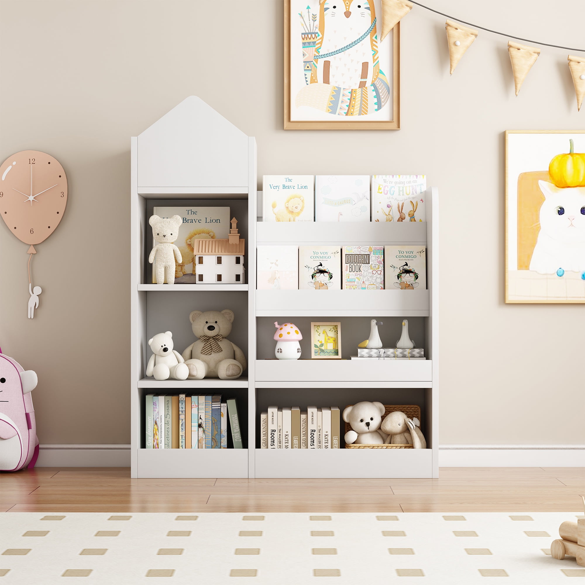 PAPROOS Kids Bookshelf, Wooden Kids Bookcase with Toy Storage Organizer ...