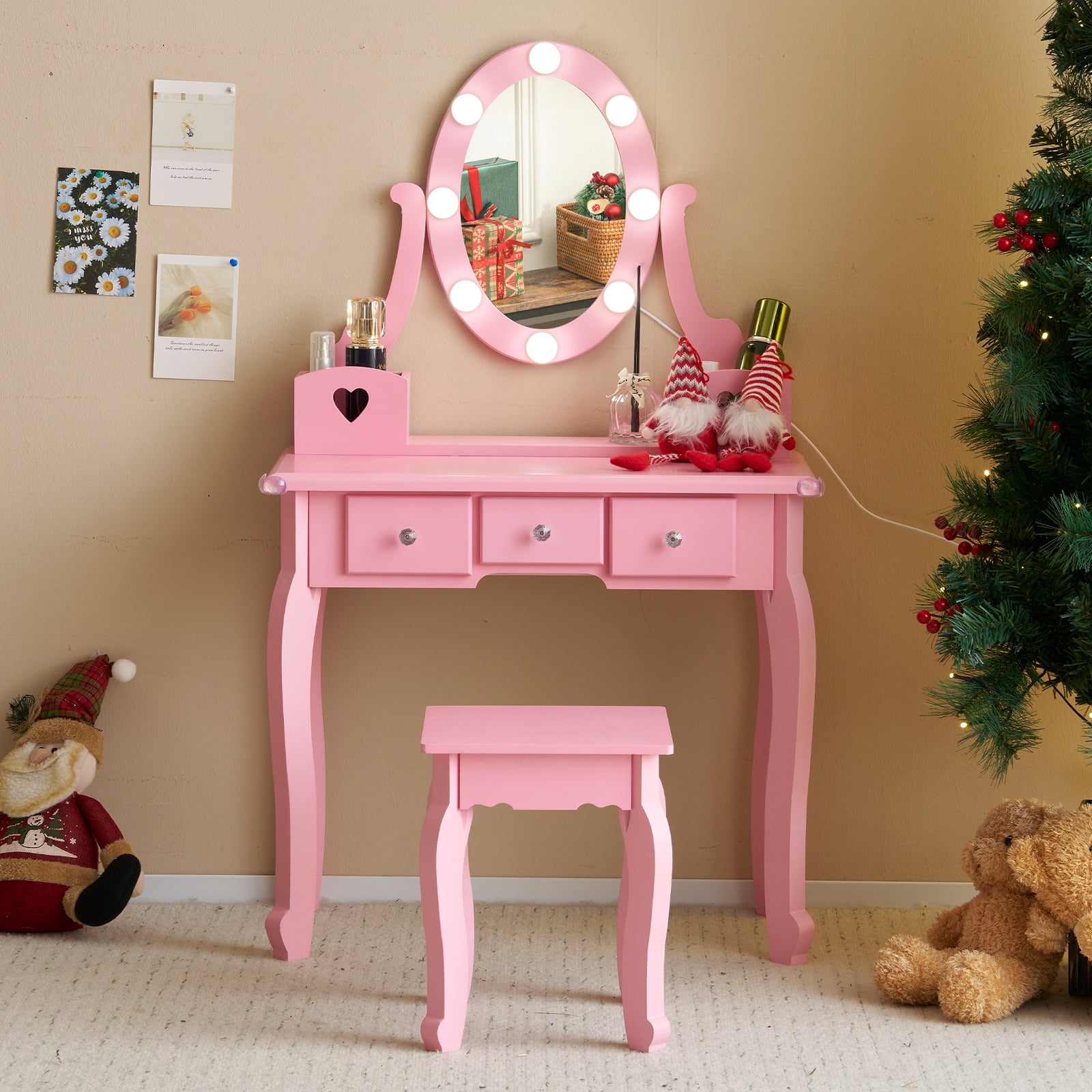 PAPROOS Kids Vanity Set with Mirror and Stool, Wood Pretend Play ...