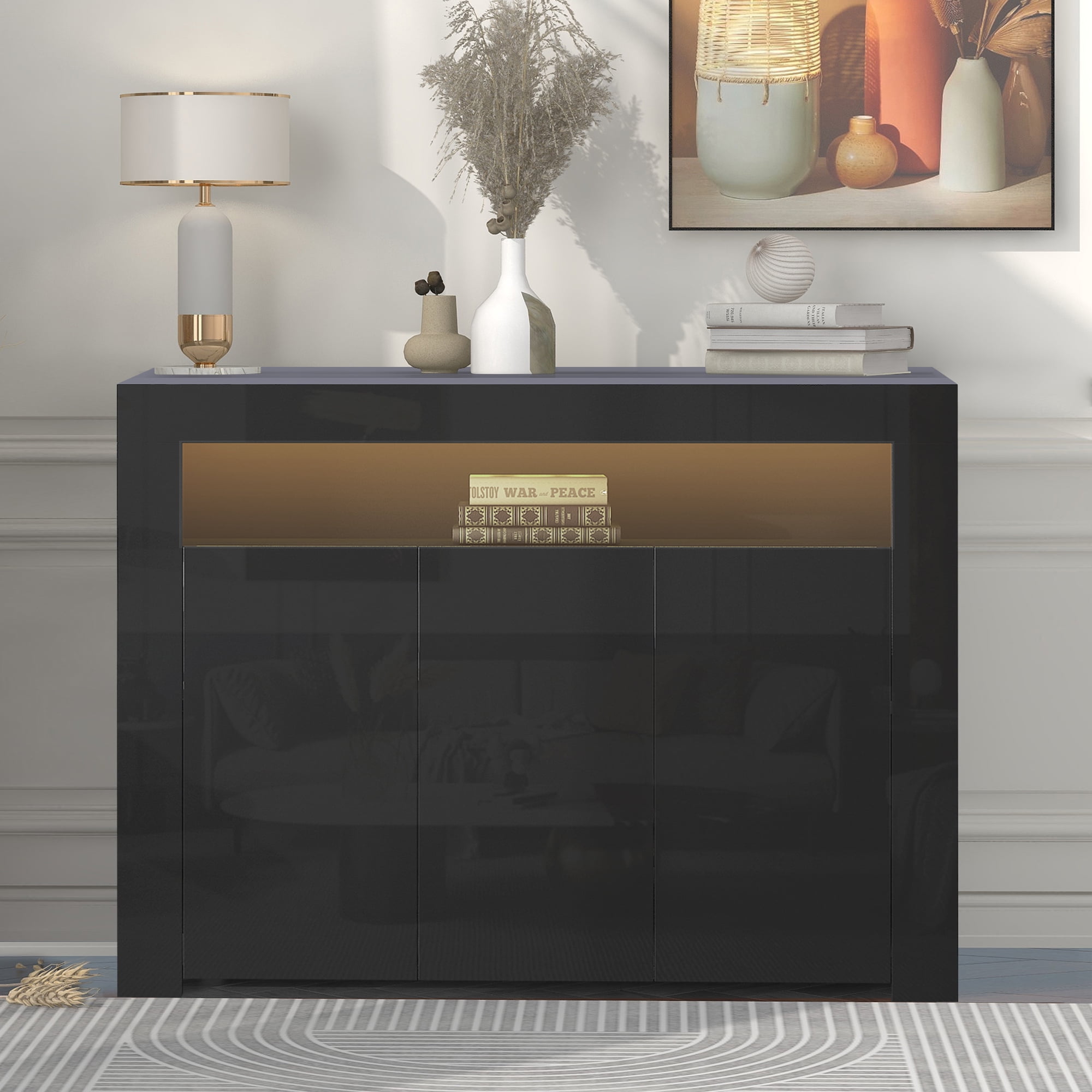 PAPROOS Kitchen Storage Sideboard, High Gloss Buffet Cabinet with 16 ...