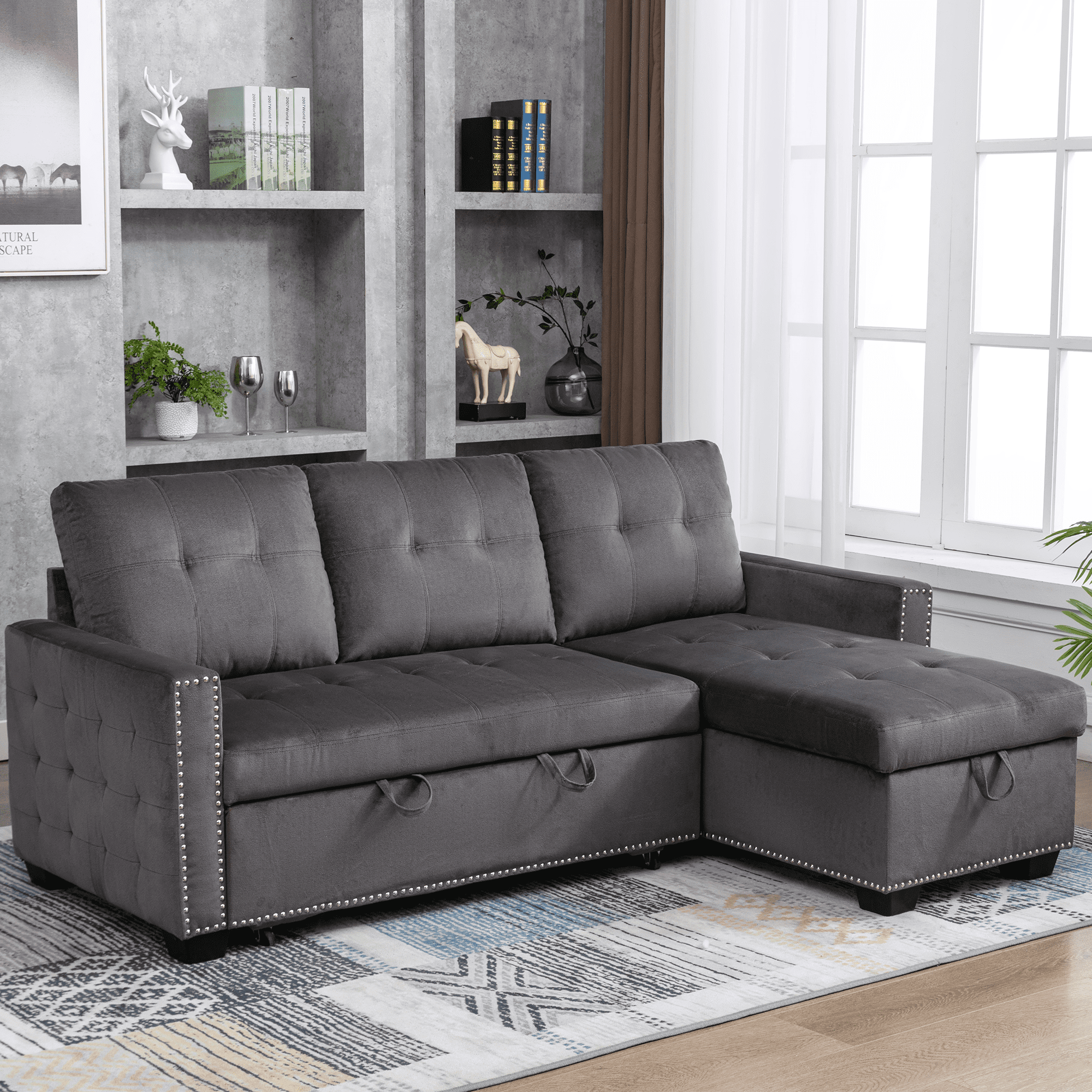 PAPROOS L-Shape 2 Seat Sectional Chaise With Storage Space, Dark Gray ...