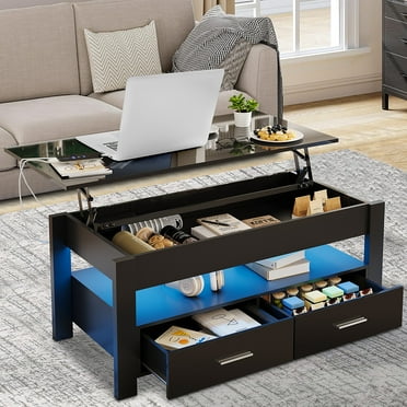 LED Coffee Table with Storage, High Glossy Coffee Table with Wireless ...