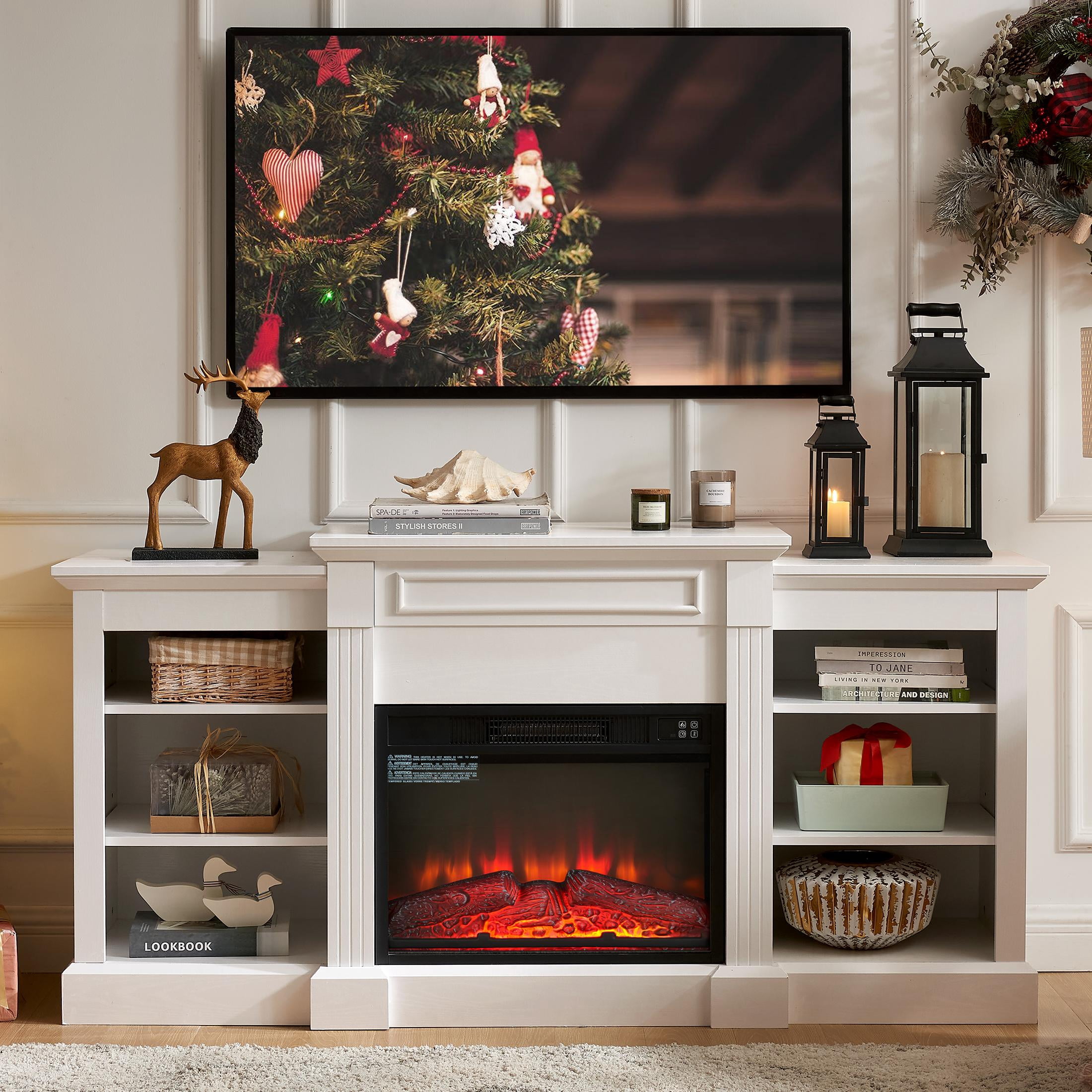 PAPROOS Large Fireplace TV Stand for TV Up to 70'', 65.75" TV Cabinet ...