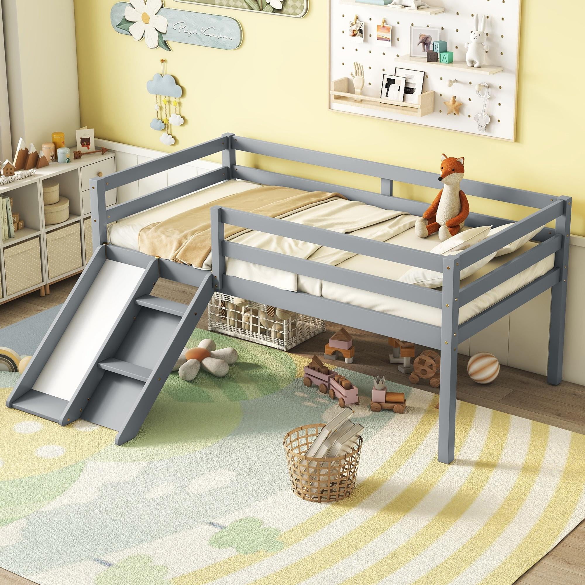 PAPROOS Children's Twin Size Loft Bed with Slide, Strong Wooden Slats ...