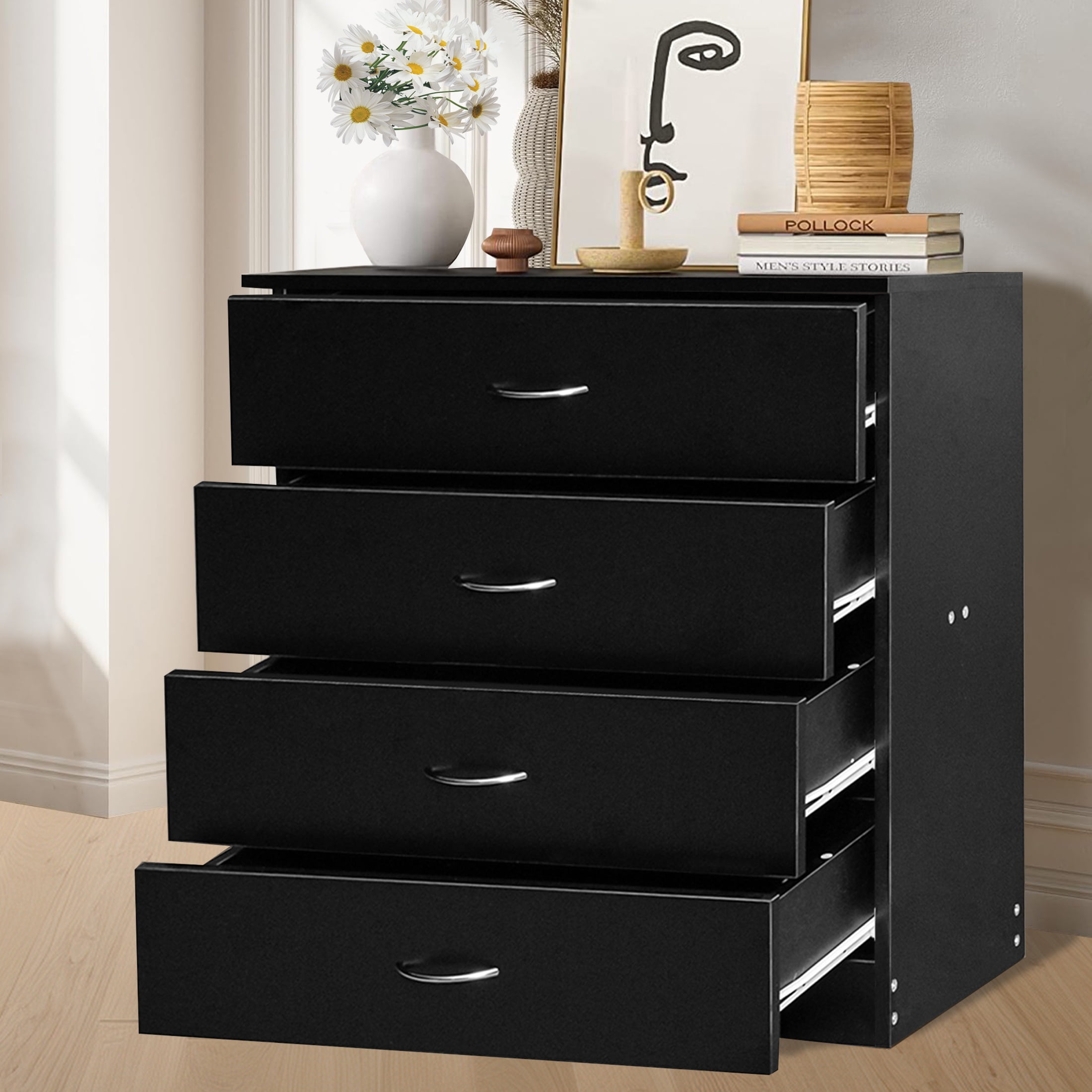 PAPROOS Modern Black 4 Drawer Dresser, Chest of Drawers for Bedroom ...