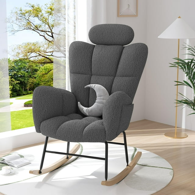 PAPROOS Comfy Grey Teddy Fabric Rocking Chair, High Backrest Glider for ...