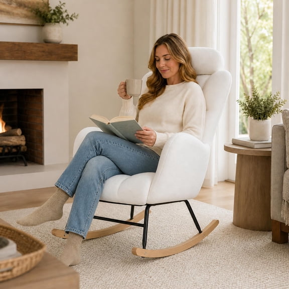 Costway Mid Century Modern Tufted Rocking Chair, Gray - Wood ...