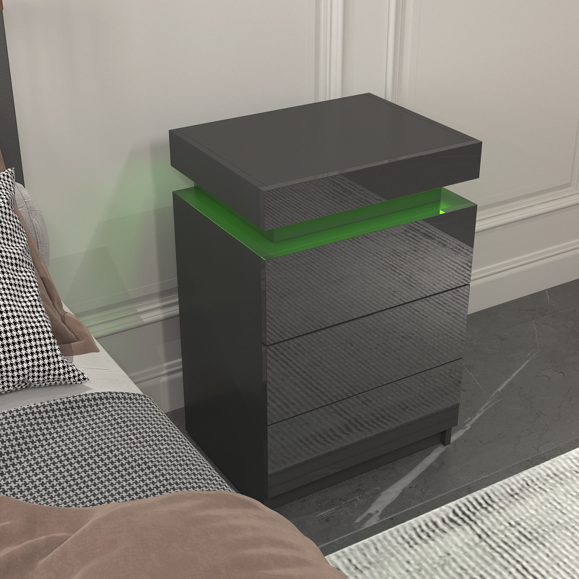 PAPROOS Black Nightstand, High Gloss Bedside Table with 3 Storage ...