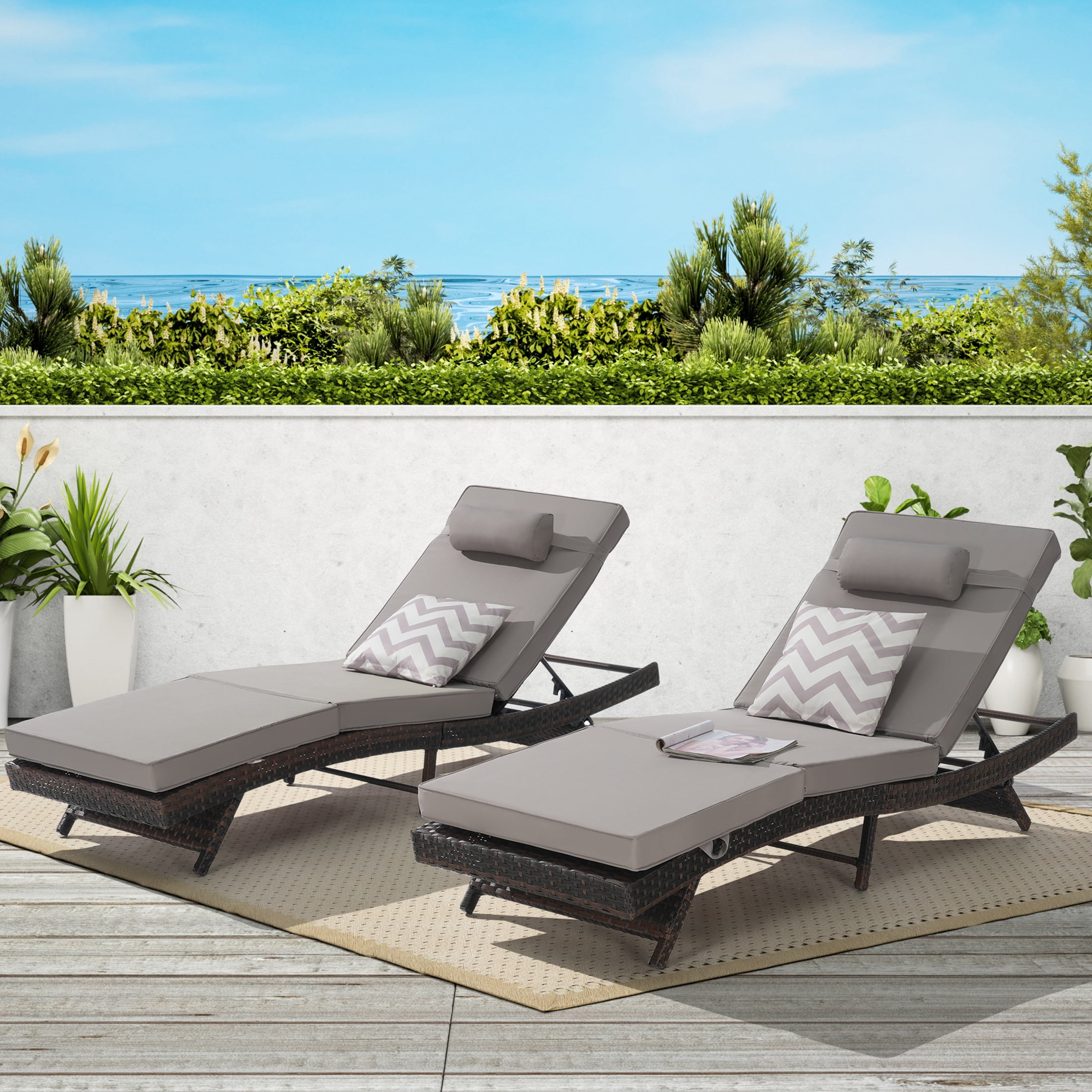 PAPROOS Outdoor Chaise Lounge Chair Set of 2, Wicker Outdoor Lounger ...