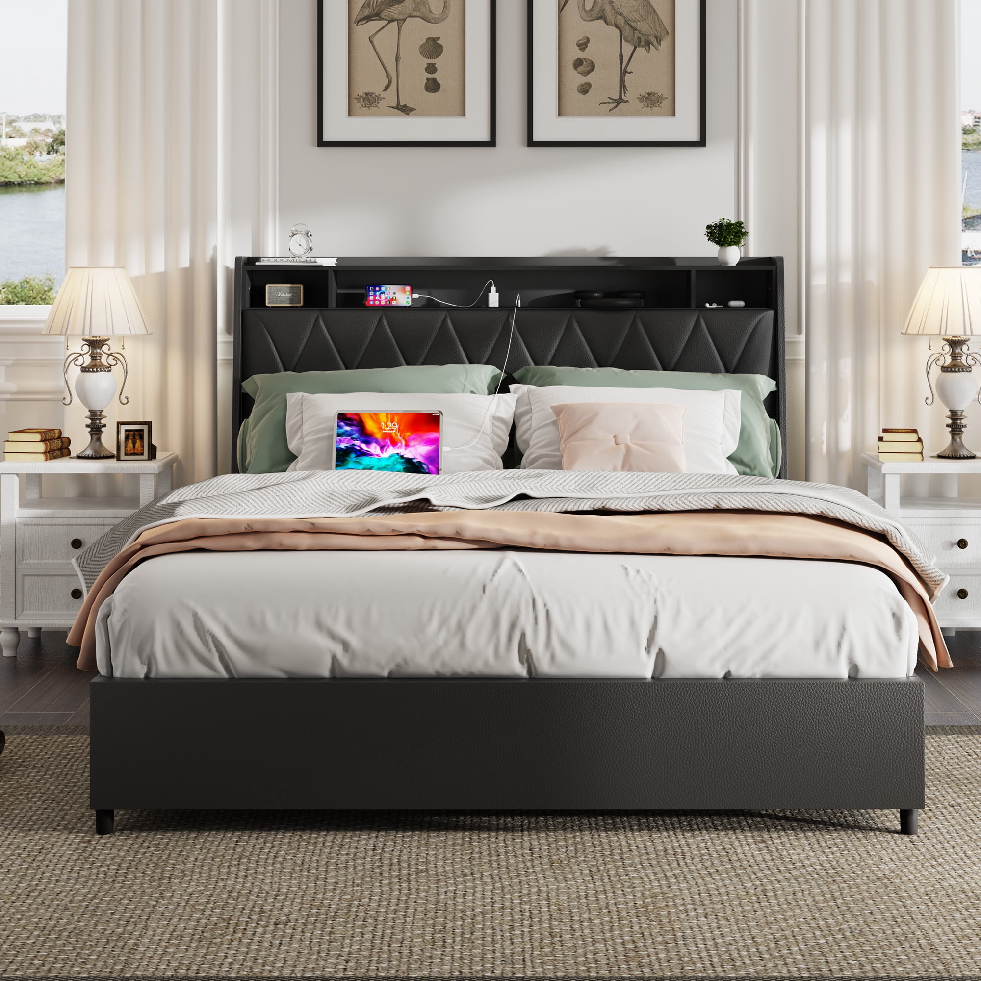 PAPROOS Queen Bed Frame with Ergonomic Headboard, Metal & Wood Platform ...