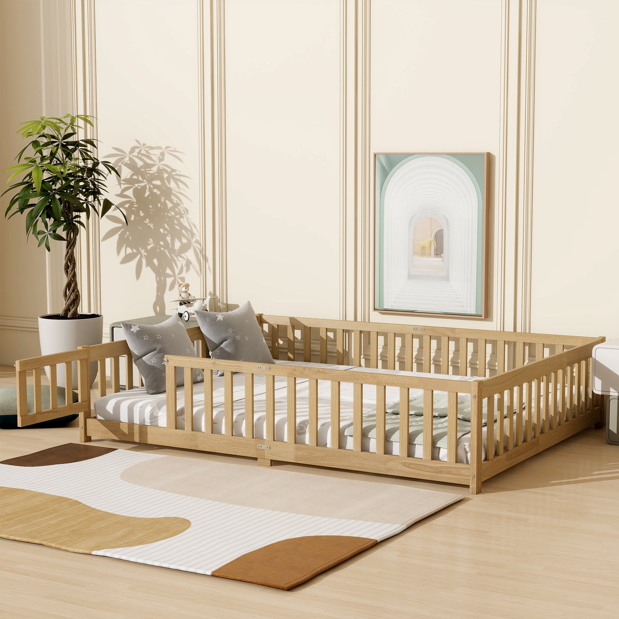 PAPROOS Queen Floor Bed Frame, Wood Floor Platform Bed with Fence and ...