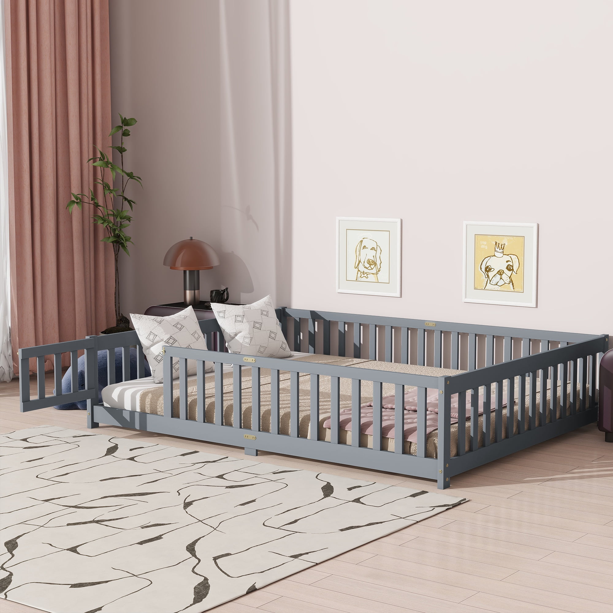 PAPROOS Queen Floor Bed Frame, Wood Floor Platform Bed with Fence and ...