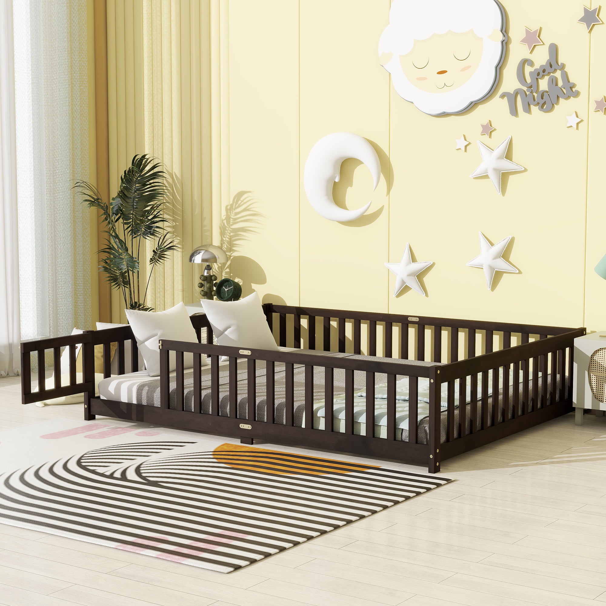 PAPROOS Queen Floor Bed Frame, Wood Floor Platform Bed with Fence and ...