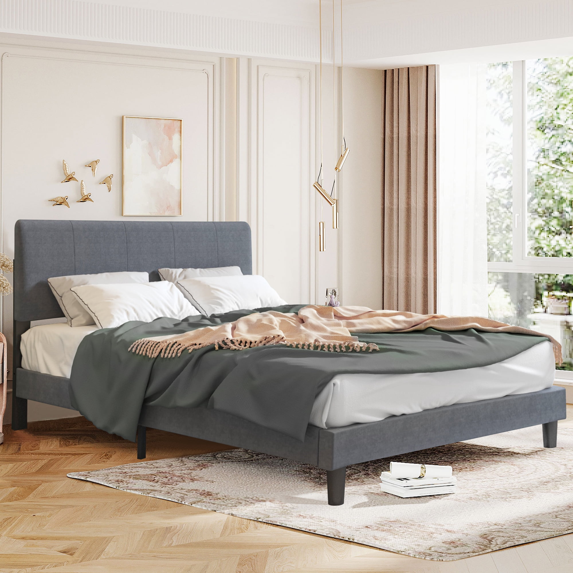 Paproos Queen Bed Frame Modern Upholstered Linen Platform Bed Frame