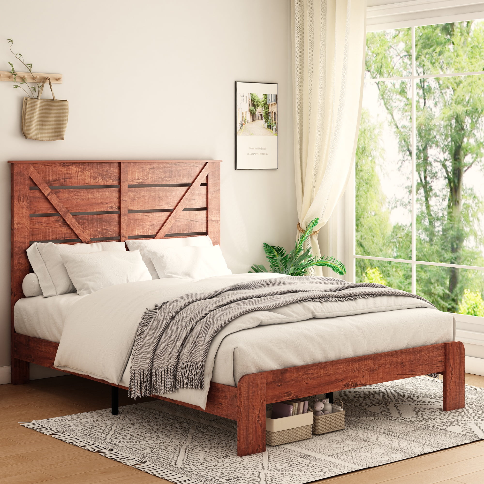 PAPROOS Queen Size Bed Frame, Rustic Wood Platform Bed with Headboard ...