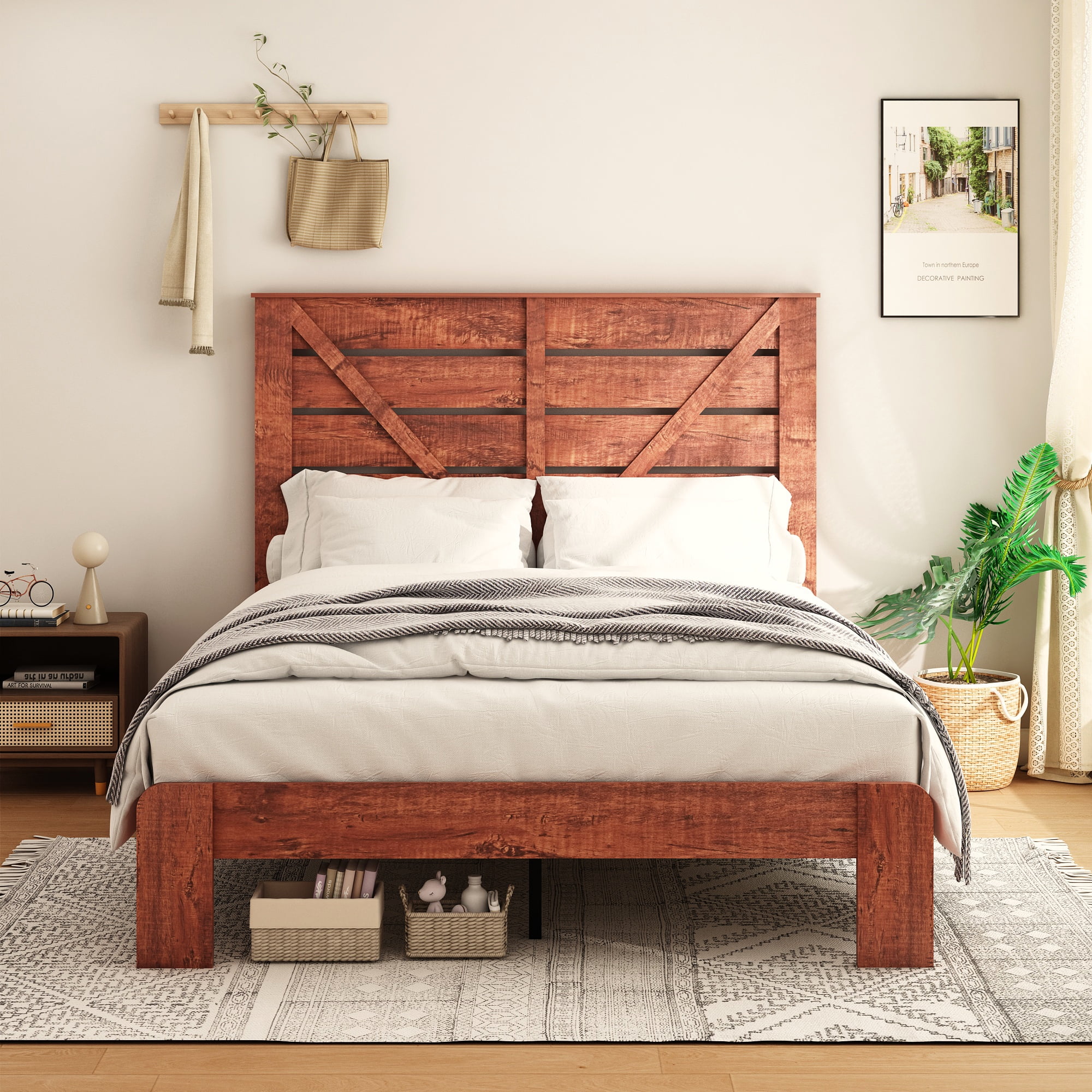 PAPROOS Queen Size Wood Bed Frame, Heavy Duty Wood Platform Bed with ...