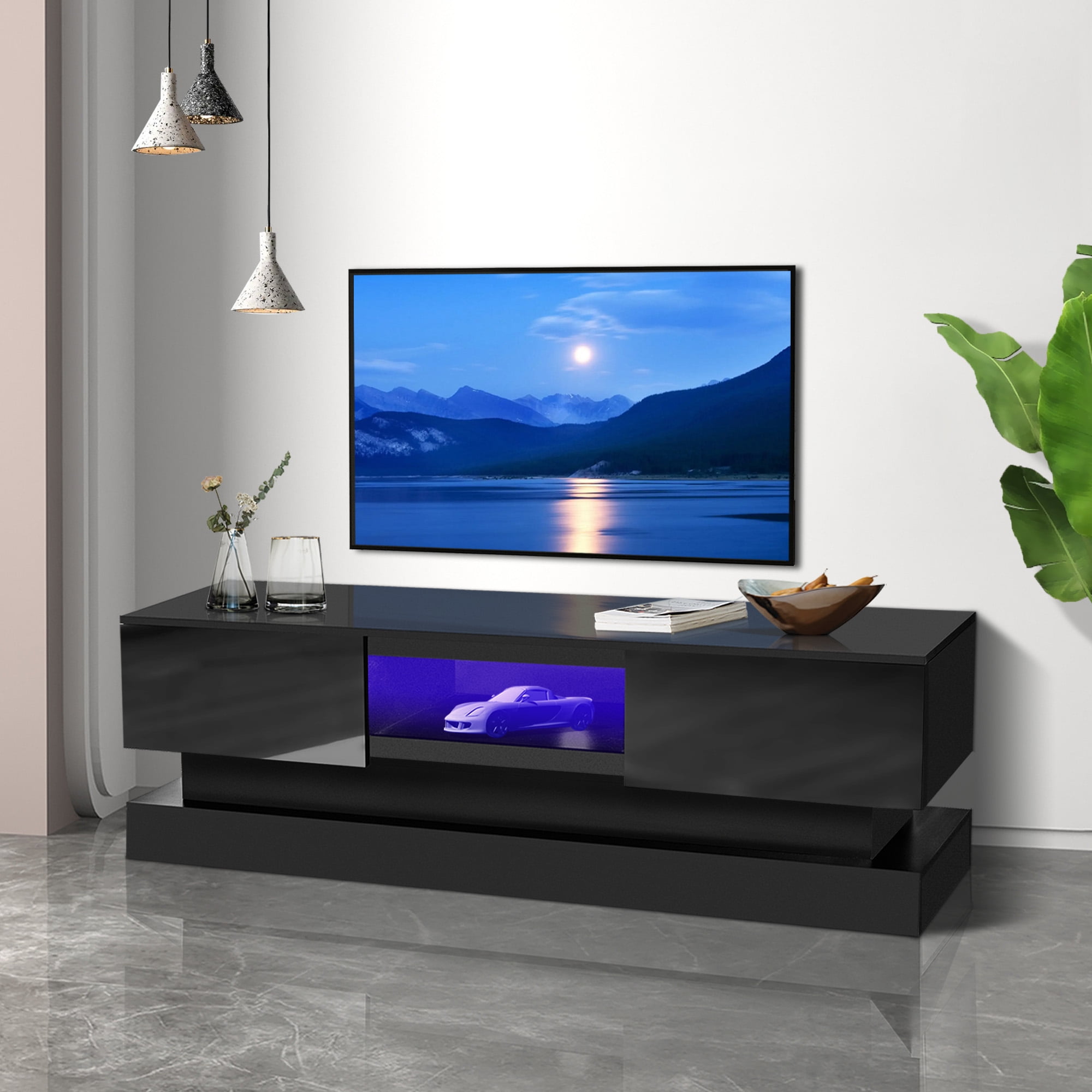 PAPROOS TV Stand for 55 Inch TV, Modern High Glossy Television Console ...