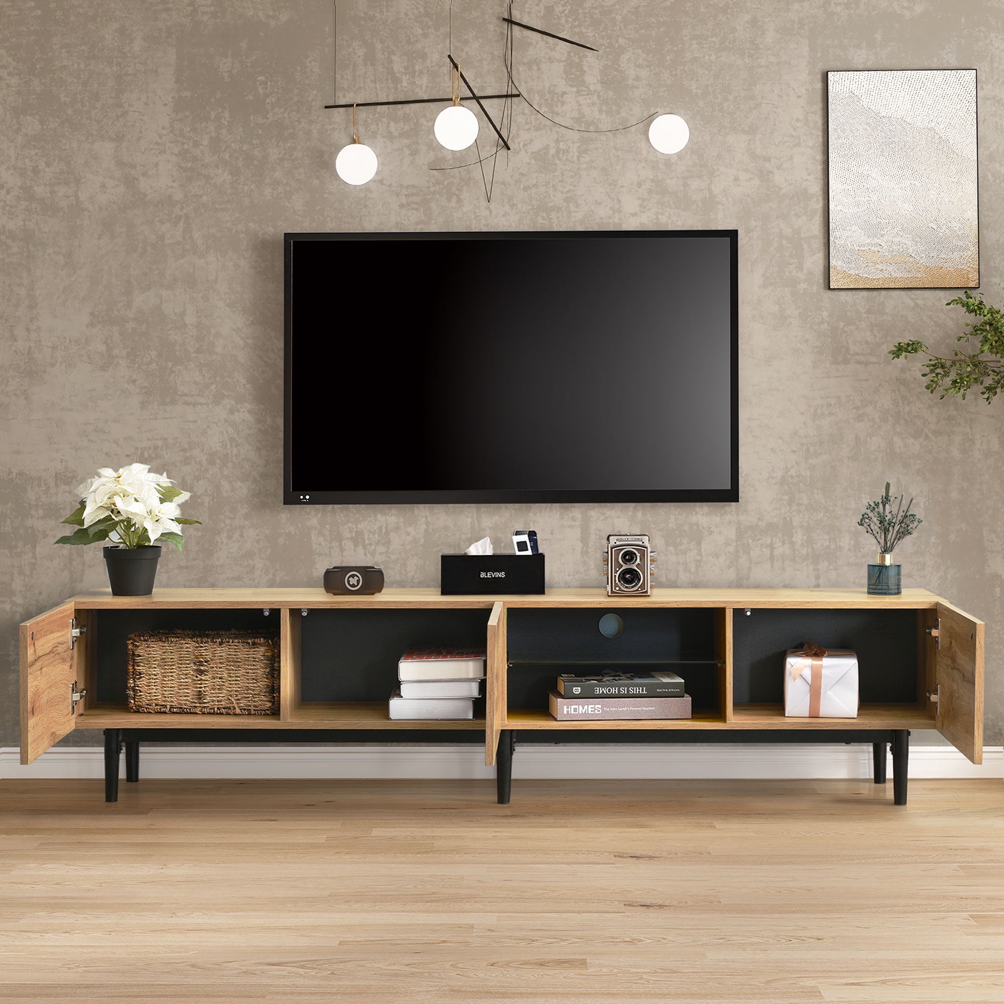 PAPROOS 75 Inch TV Stand, High Gloss Cabinet with LED Light, Remote ...