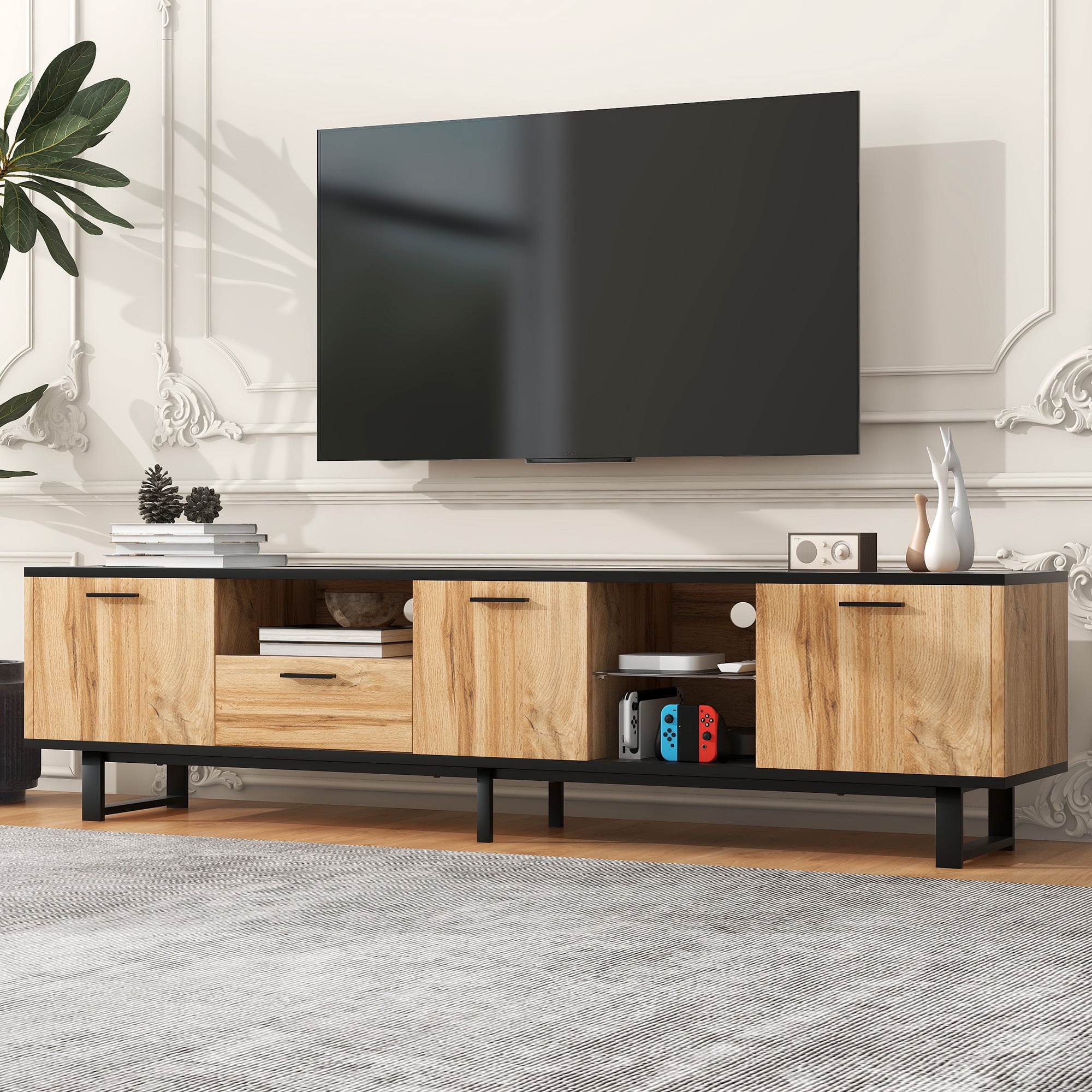 PAPROOS TV Stand for 80 Inch TV, Modern Farmhouse TV Cabinet with LED ...