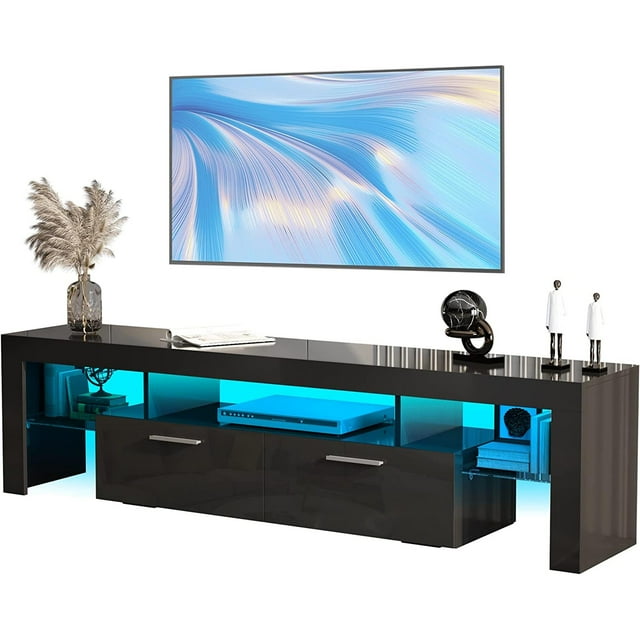 PAPROOS High Gloss TV Stand with LED Lights, Storage Drawer, Media ...