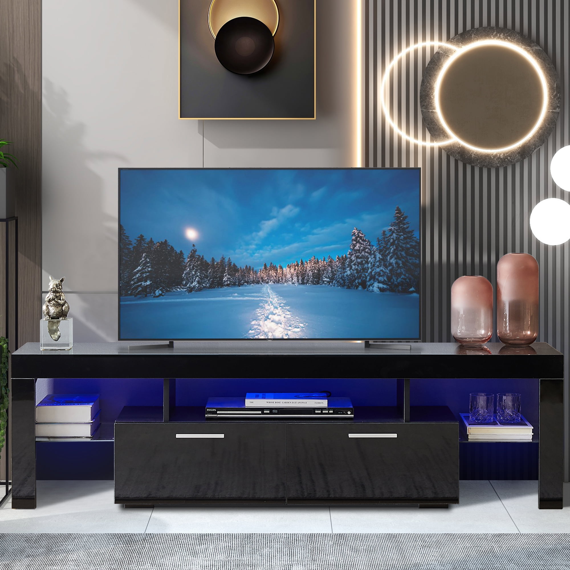 PAPROOS TV Stand with LED Lights, High Gloss TV Cabinet with Storage ...