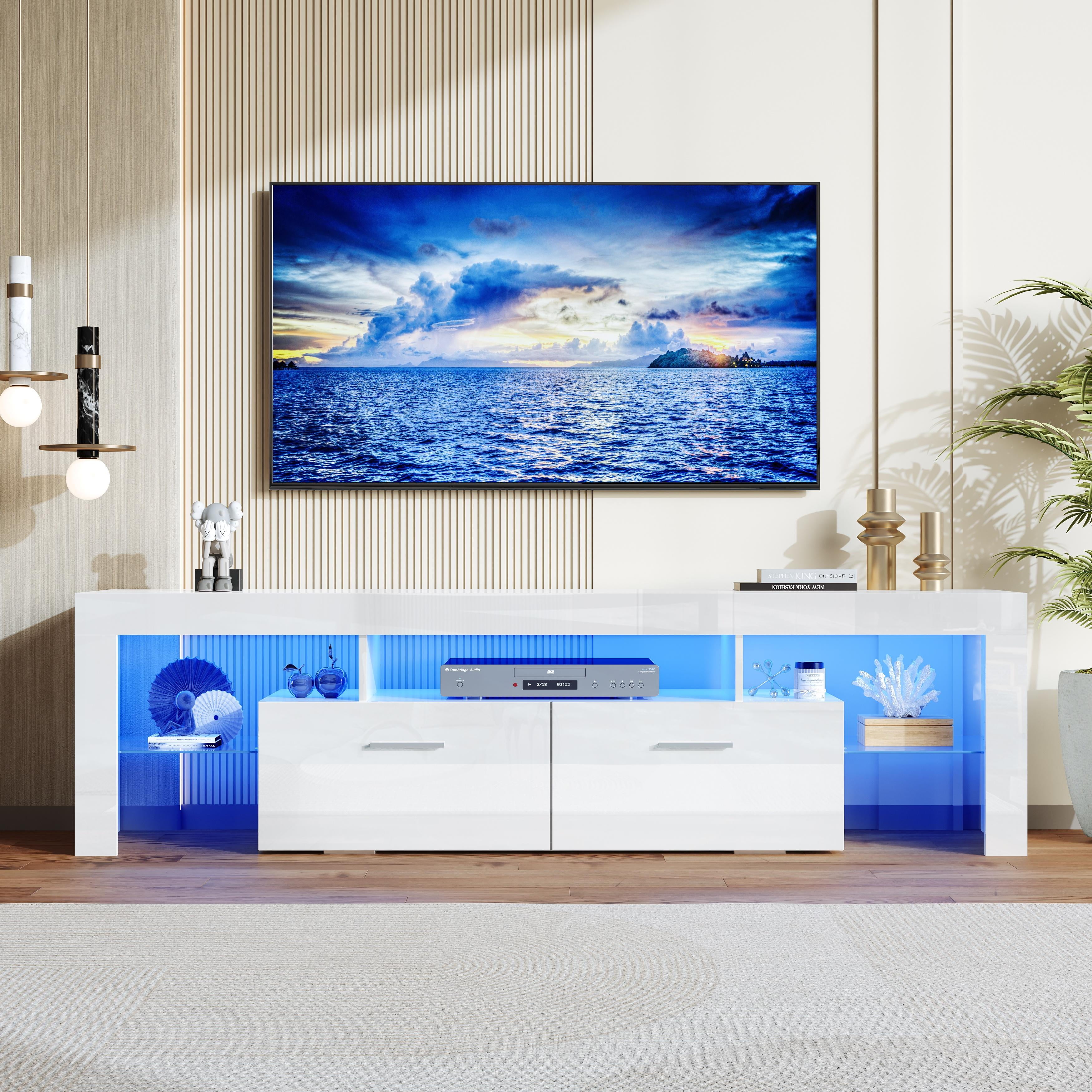 PAPROOS TV Stand for TVs up to 80", High Gloss TV Cabinet with LED ...