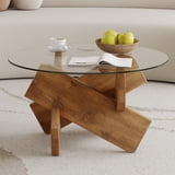 PAPROOS Tempered Glass Coffee Table, Round Cocktail Table with 4 Cross ...