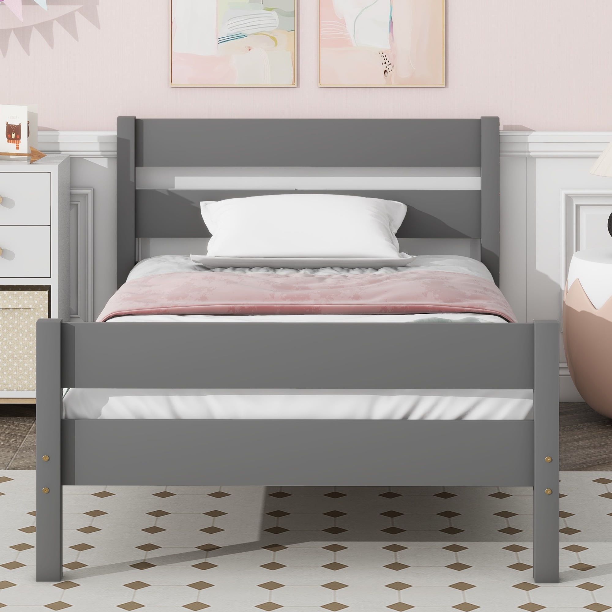 PAPROOS Solid Wood Twin Bed Frame for Kids and Teens, Platform Bed with ...