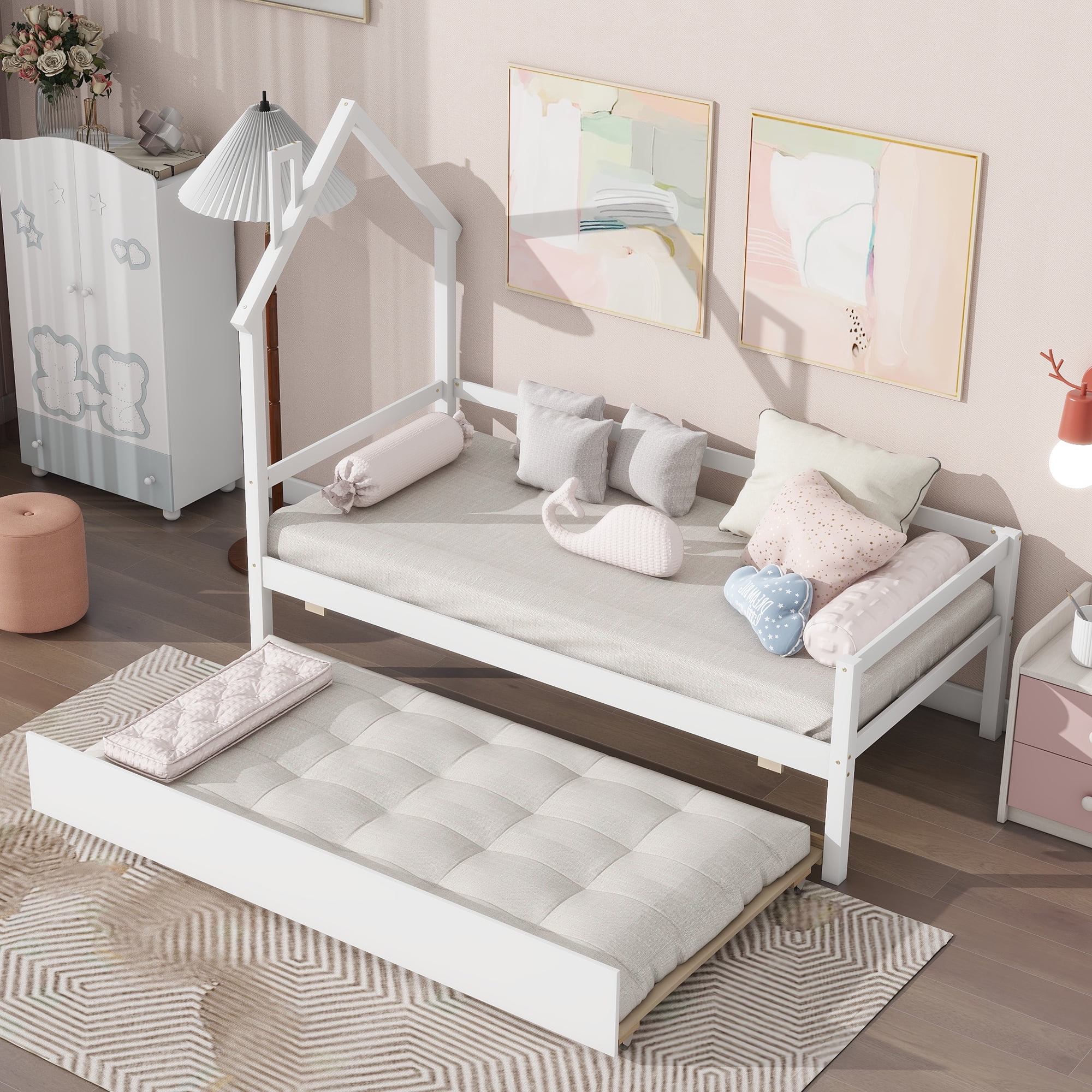 PAPROOS Twin Bed with Trundle, Solid Wood, House-Shaped Headboard ...
