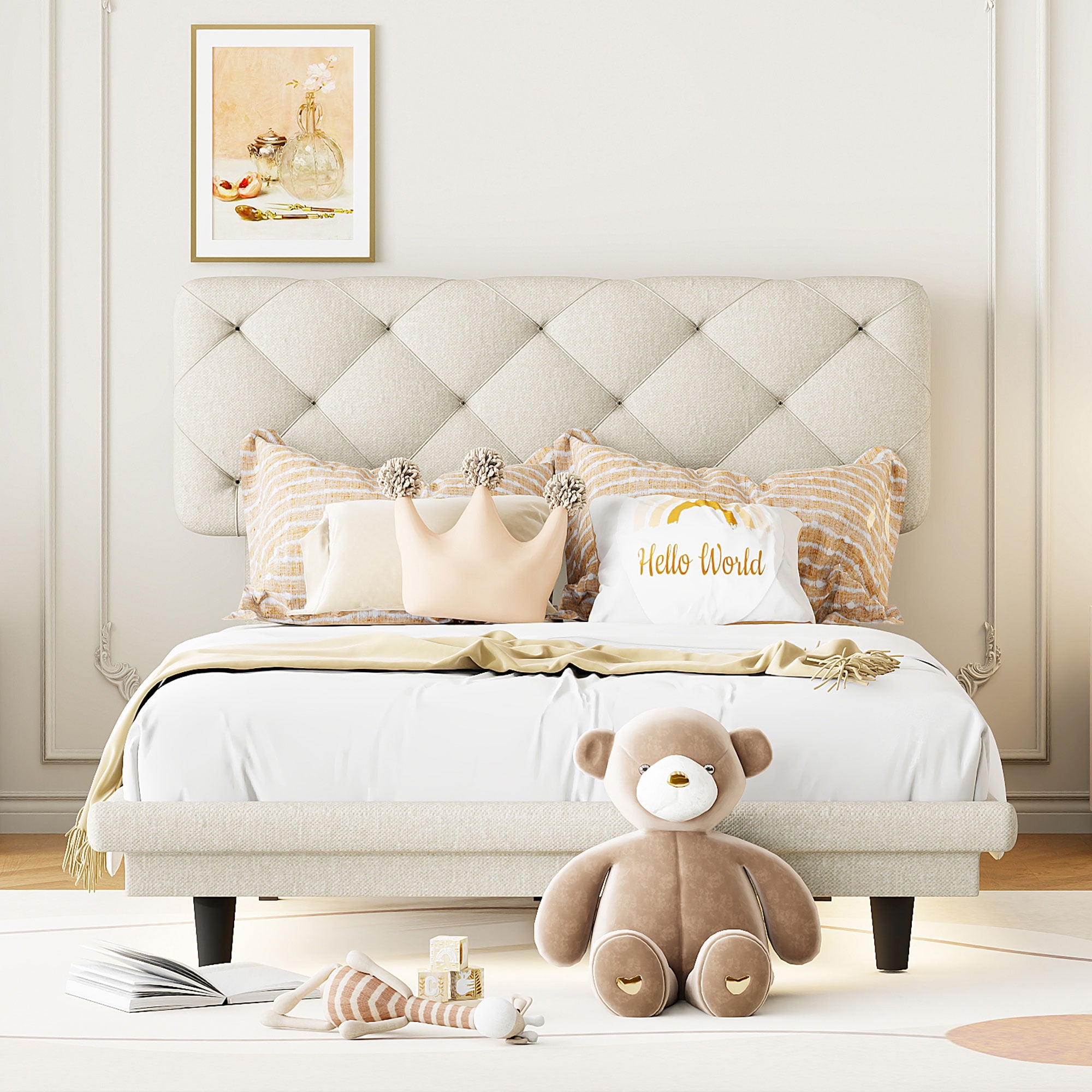 Walmart Twin Floating Bed Frame with LED Light, Linen Fabric Headboard ...