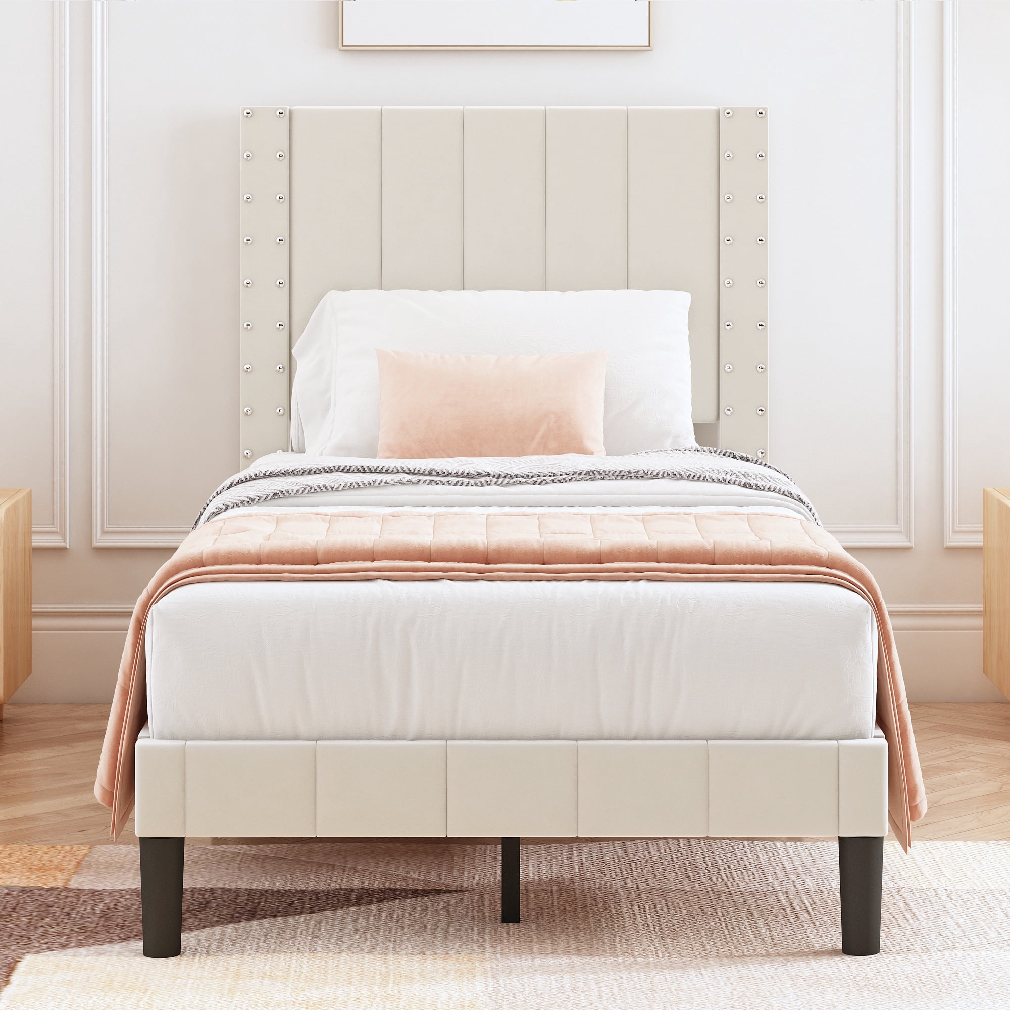 PAPROOS Twin Platform Bed Frame, Upholstered Bed Frame Twin Size with ...