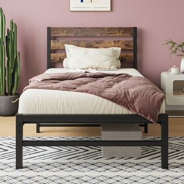 VECELO Rustic Twin Bed Frame, Wooden Headboard, Strong Metal Slats, No ...
