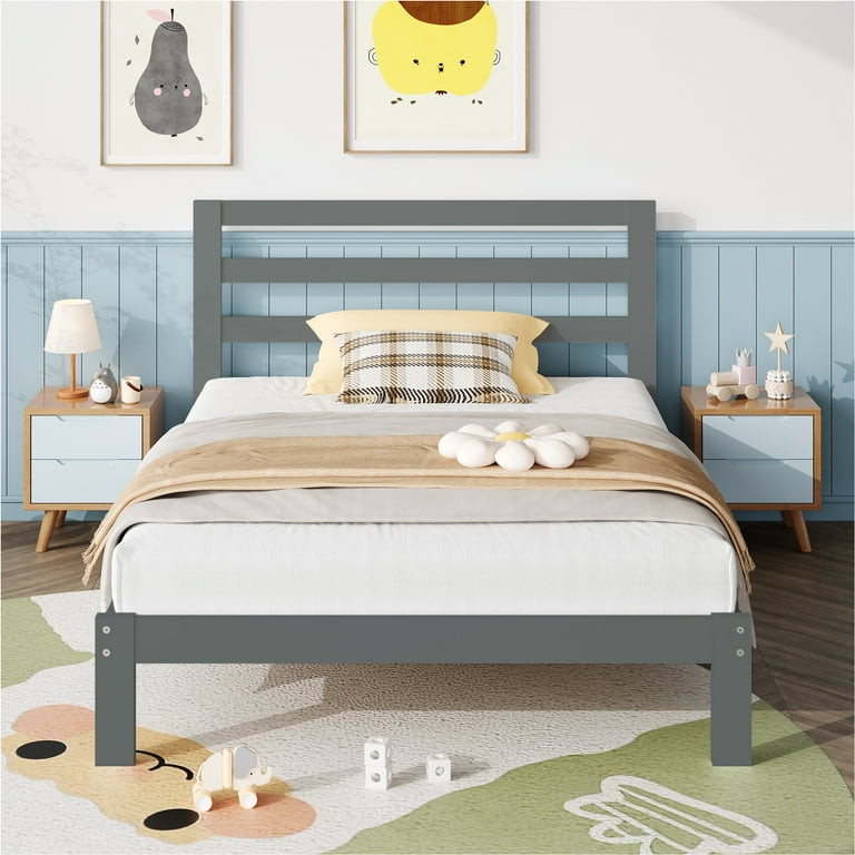 Btmway Wood Twin Bed Frame for Kids Adults Solid Wood Platform Bed Frame with Headboard and Footboard Modern Twin Size Bed Frame with Wooden Slats