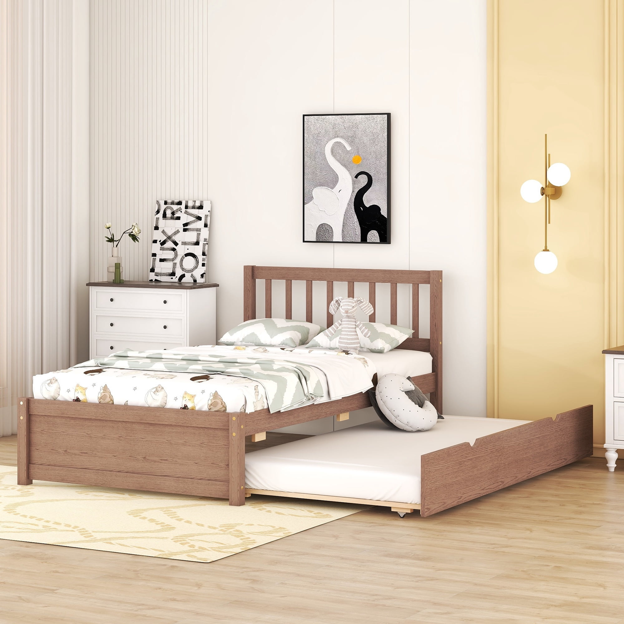 PAPROOS Twin Size Platform Bed Frame with Trundle, Wooden Daybed with ...