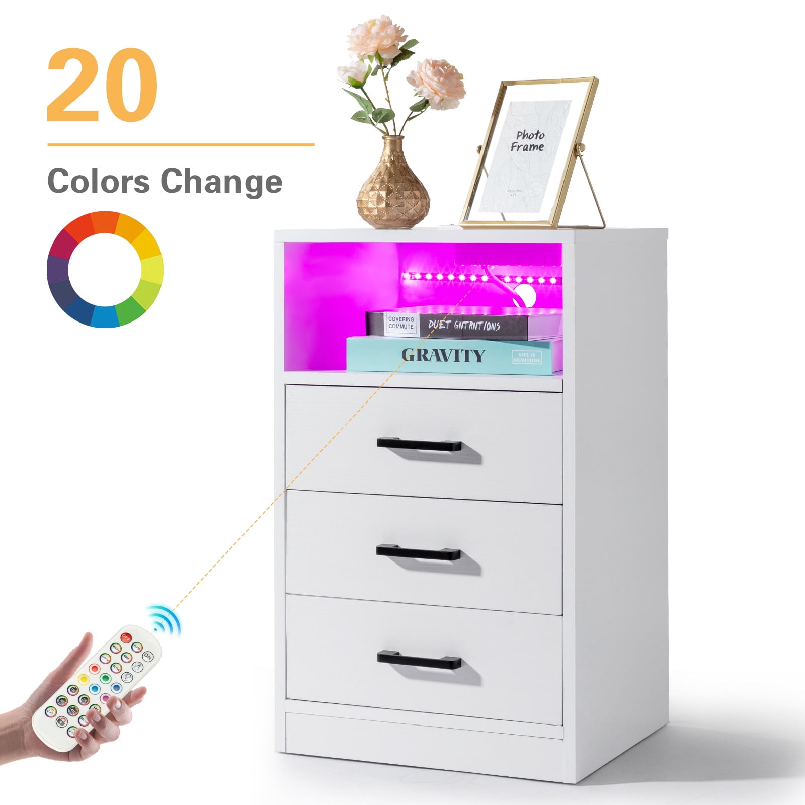PAPROOS White Nightstand with Charging Station, High Gloss Night Stand ...