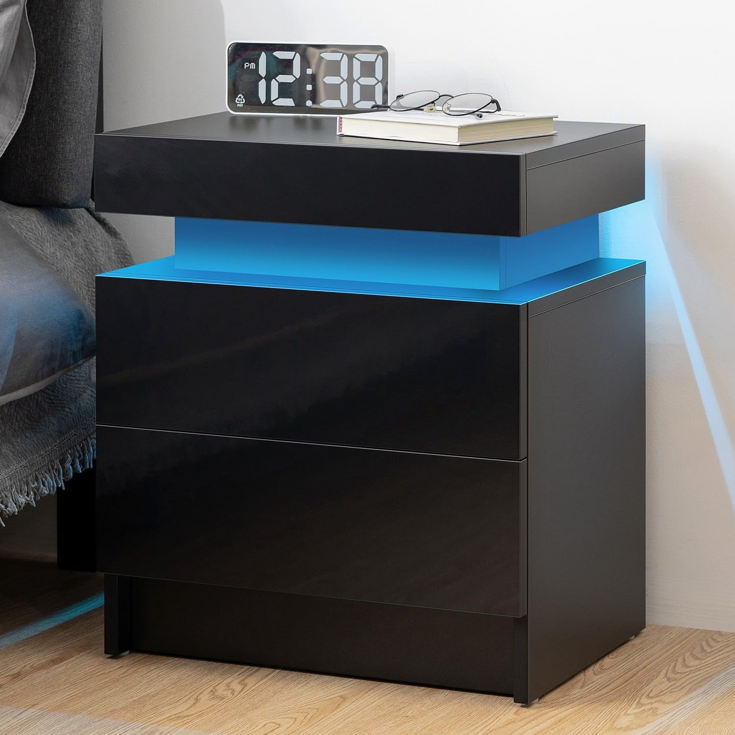 PAPROOS 2 Drawer Nightstand, Modern High Gloss Night Stand with Multi ...