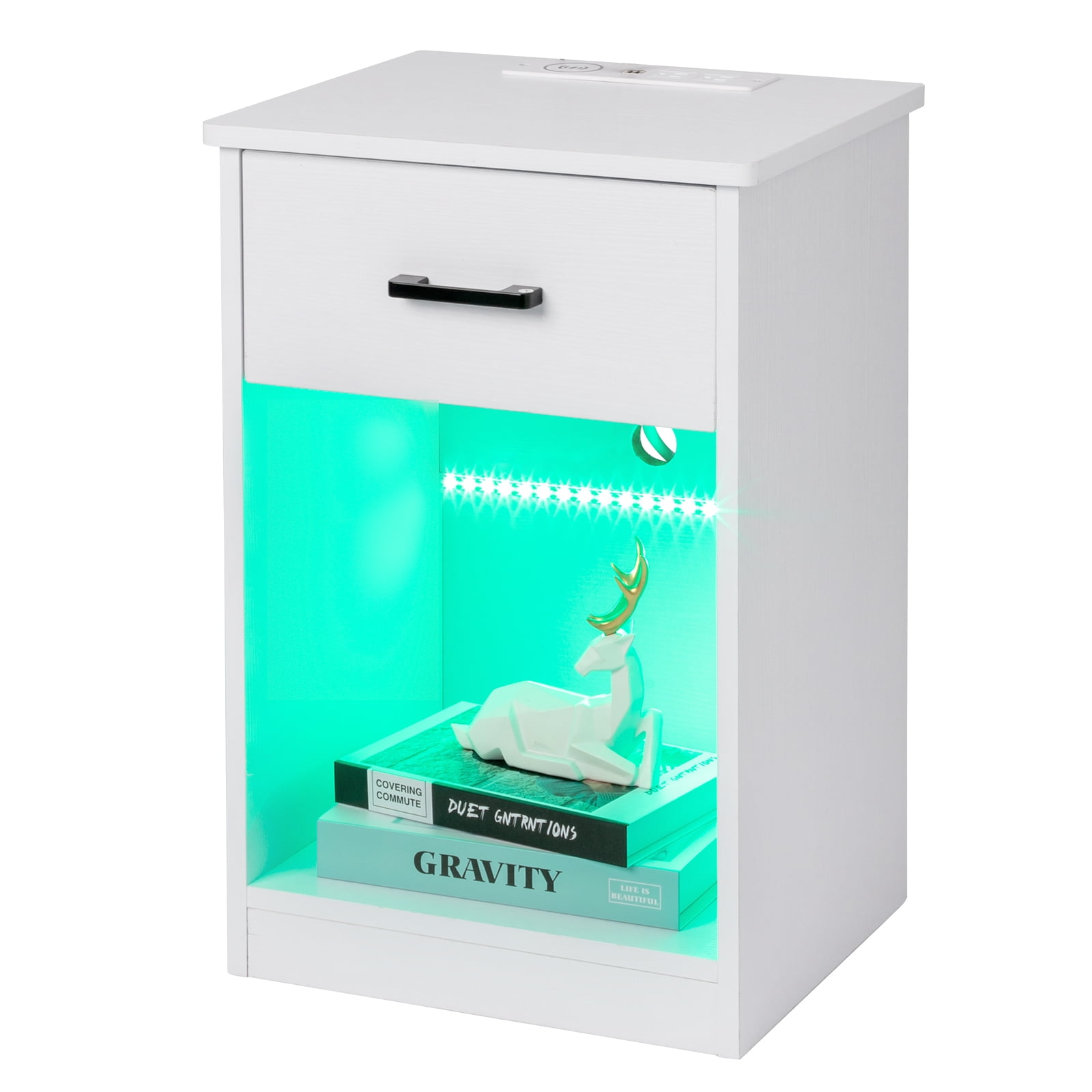 PAPROOS White Nightstand with Charging Station, High Gloss Night Stand ...