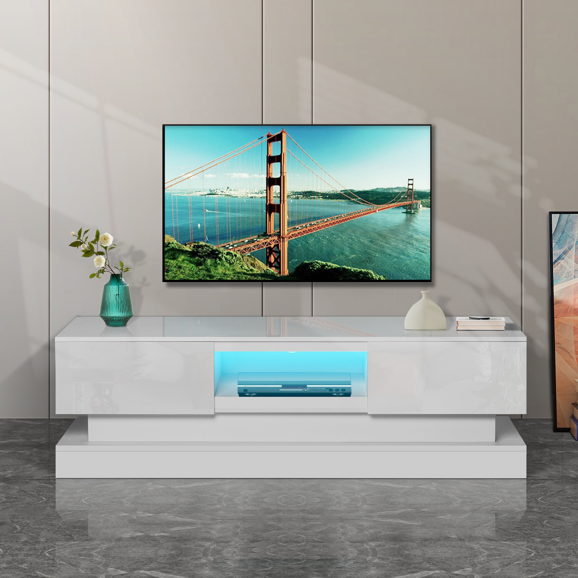 PAPROOS 70 Inch TV Stand, High Glossy White, 16 Colors LED, 2 Drawers ...