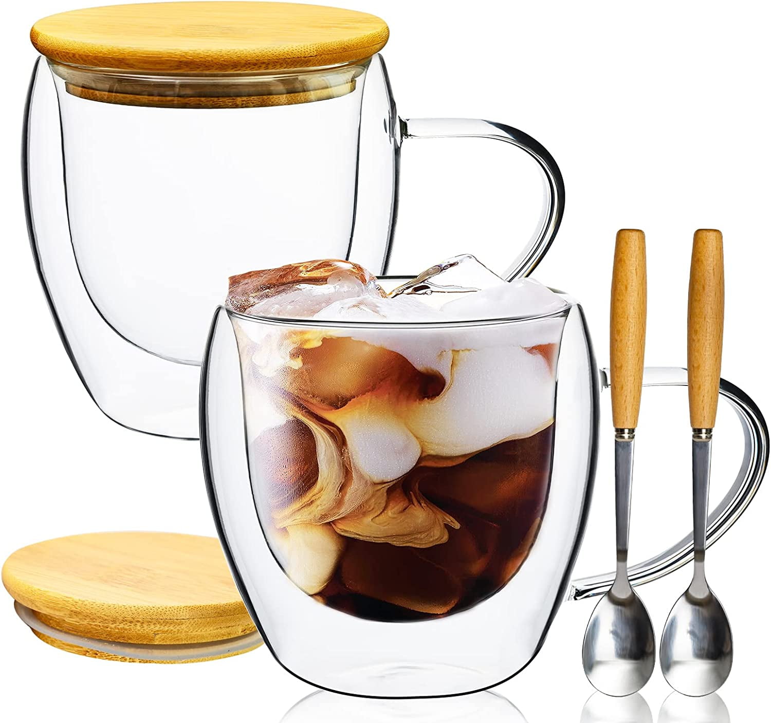 PARACITY Insulated Double Wall Glass Coffee Mugs, 2 Set with Bamboo Lid ...