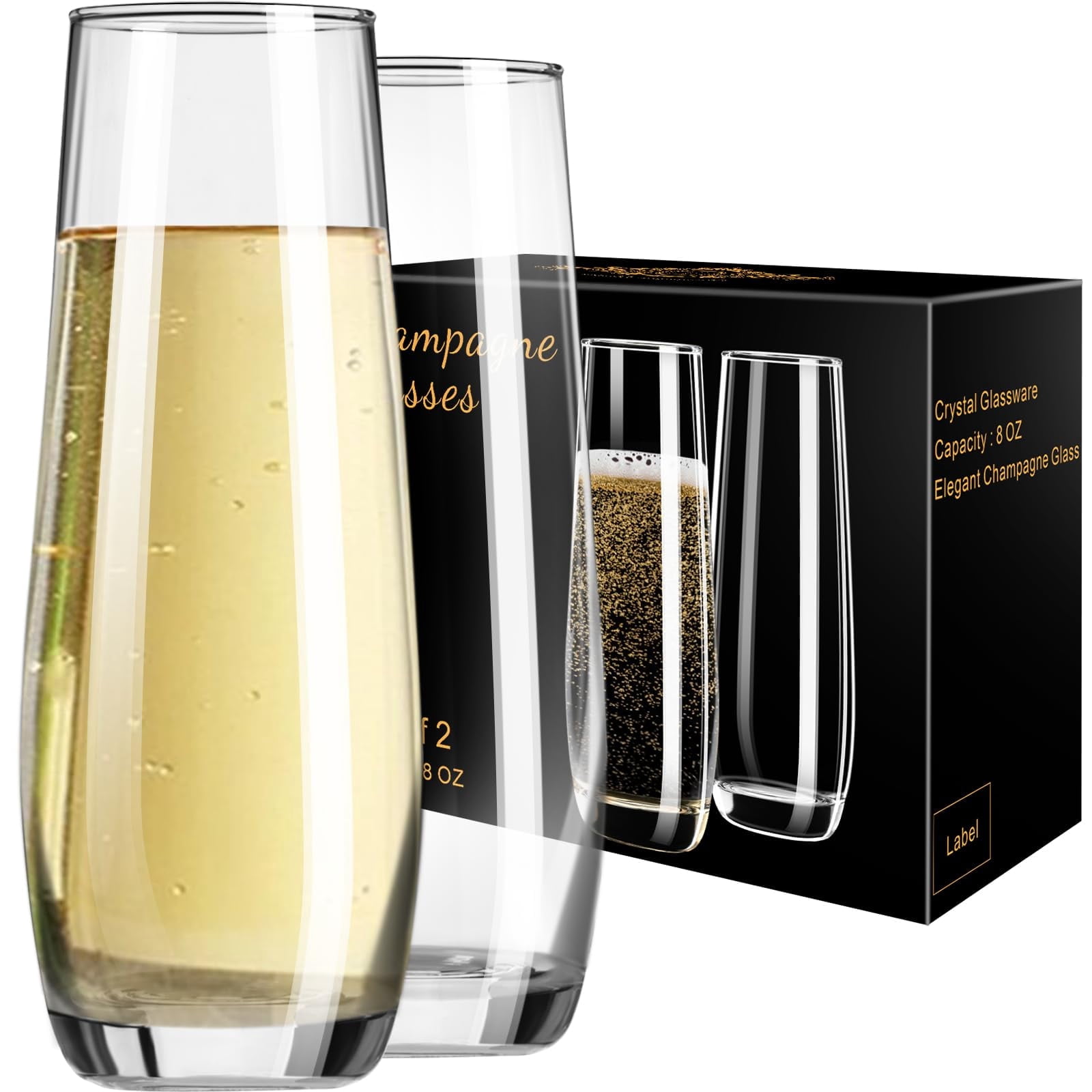 PARACITY Stemless Champagne Flutes, Crystal Champagne Glasses Set of 2 ...