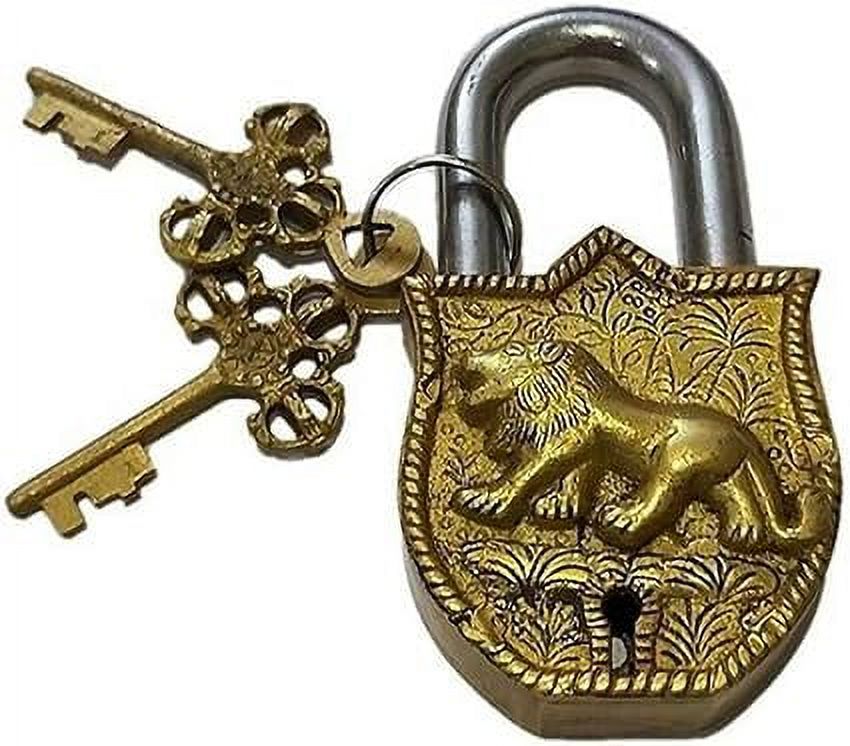 PARIJAT HANDICRAFT Brass Padlock Door Lock Tiger Engraved Design Fully ...