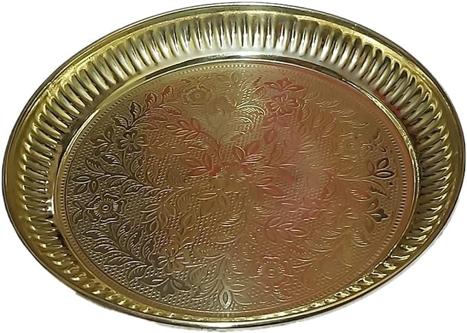 PARIJAT HANDICRAFT Brass puja Plate aarti pujan thali Golden Brass ...