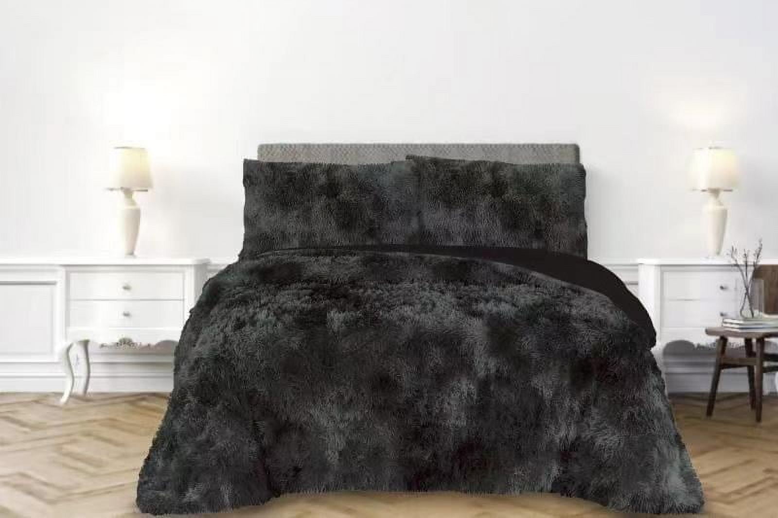 PARIS BLACK COLOR SHAGGY BLANKET WITH SHERPA SOFTY THICK AND WARM 3 PCS CALIFORNIA KING SIZE ...