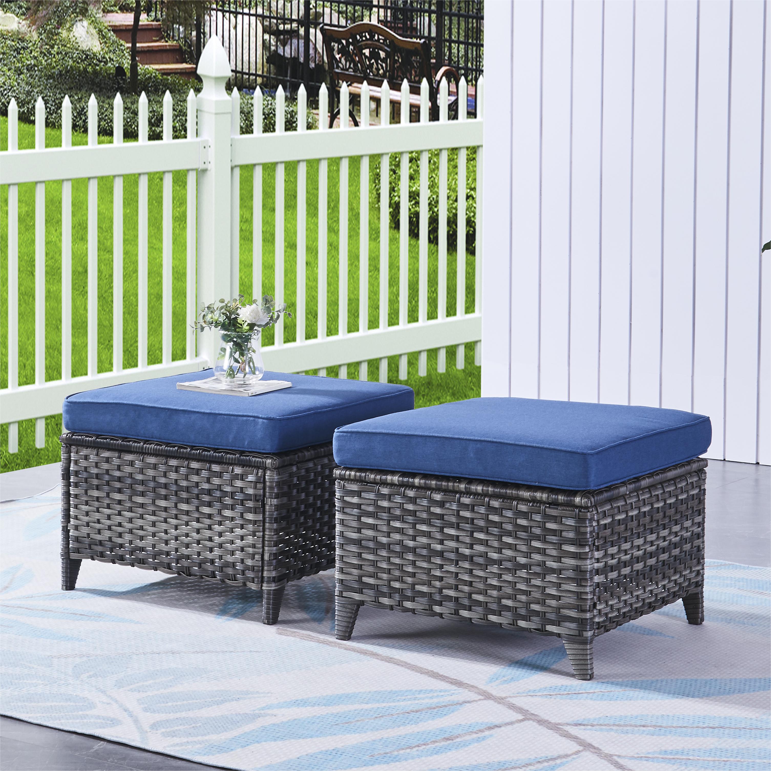 PARKWELL 2PCS Patio Rattan Ottoman Outdoor Foot Rest with Blue Cushion ...