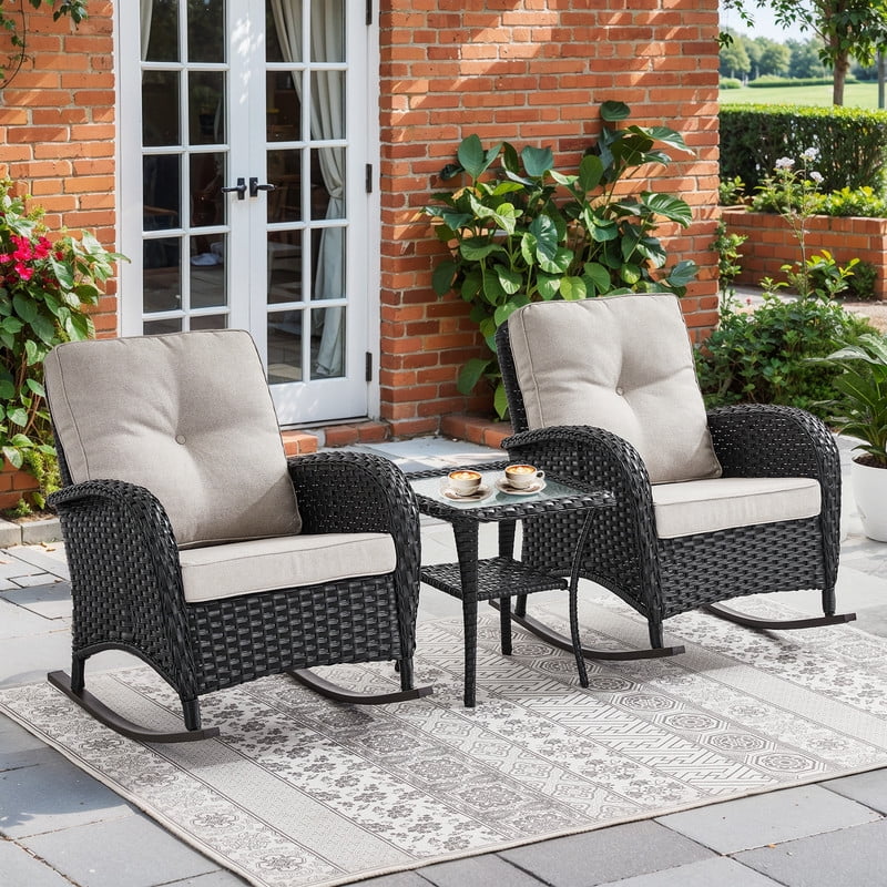 PARKWELL 3-Piece Outdoor Patio Rocking Chairs Set,Wicker High Back ...